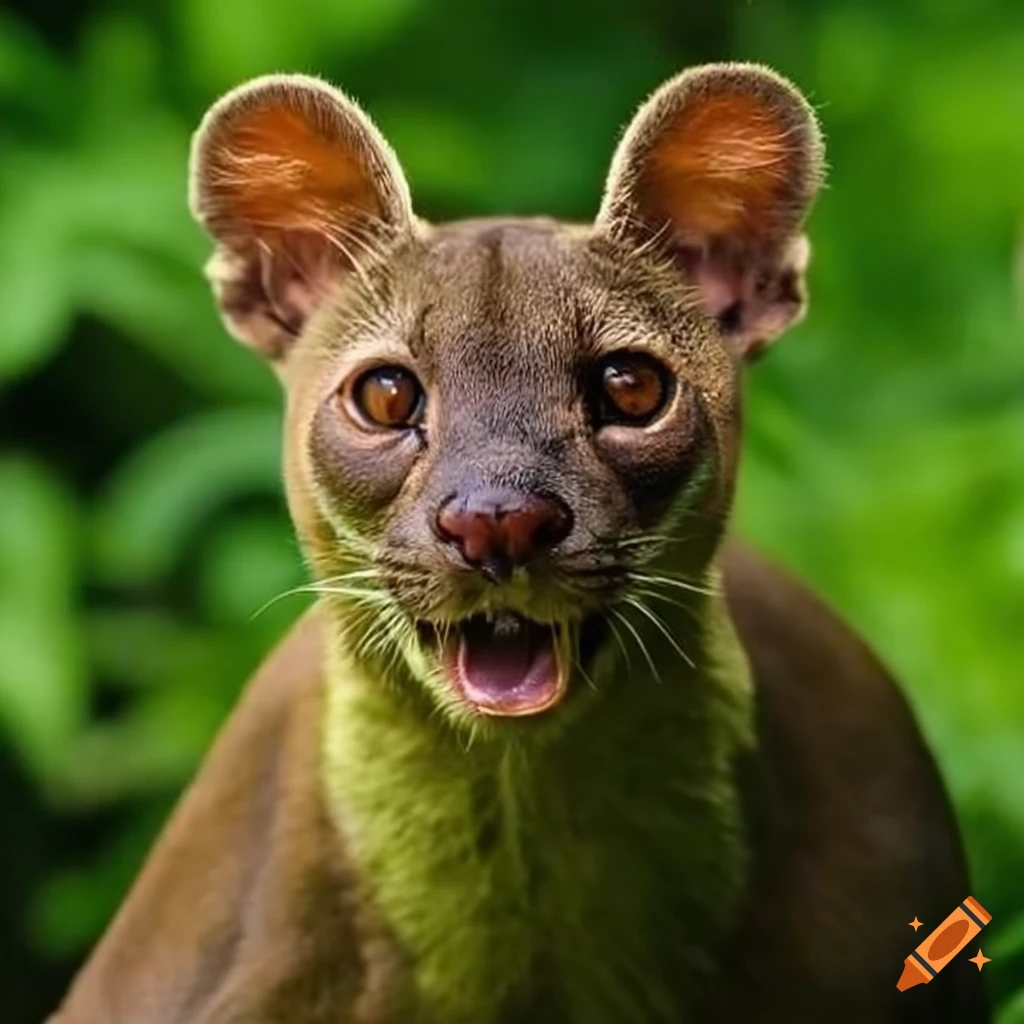 Fossa peering from ferns in rainforest on Craiyon