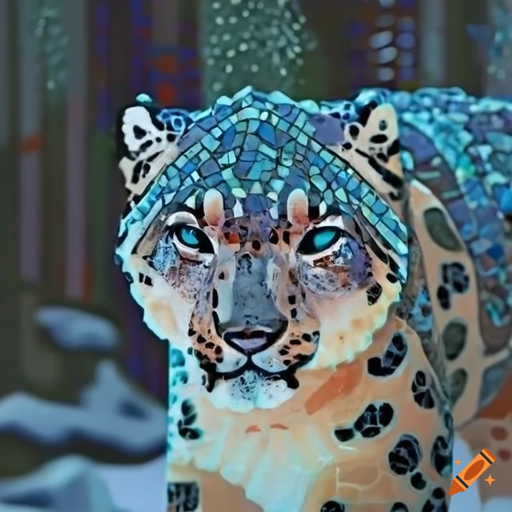 Mosaic glass snow leopard with colorful lights on Craiyon