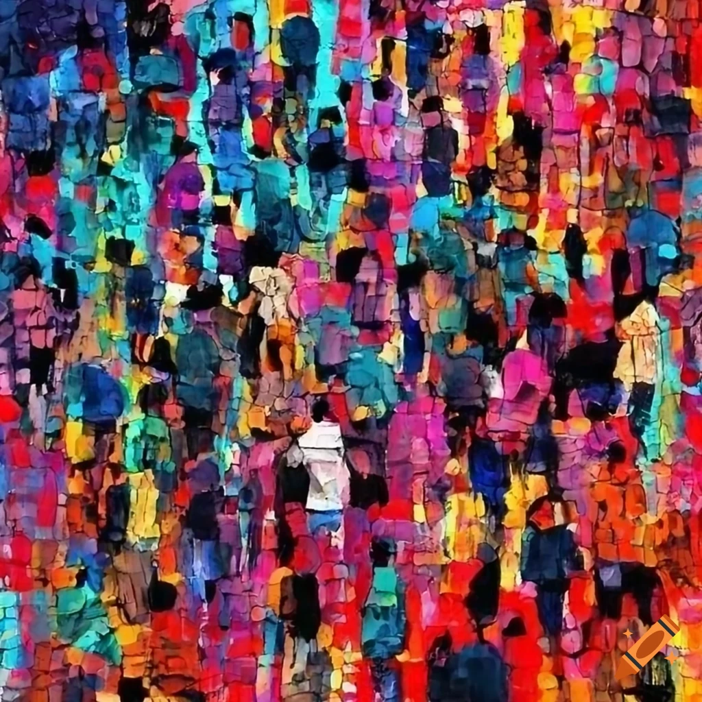 Abstract mosaic painting of people inside a maze