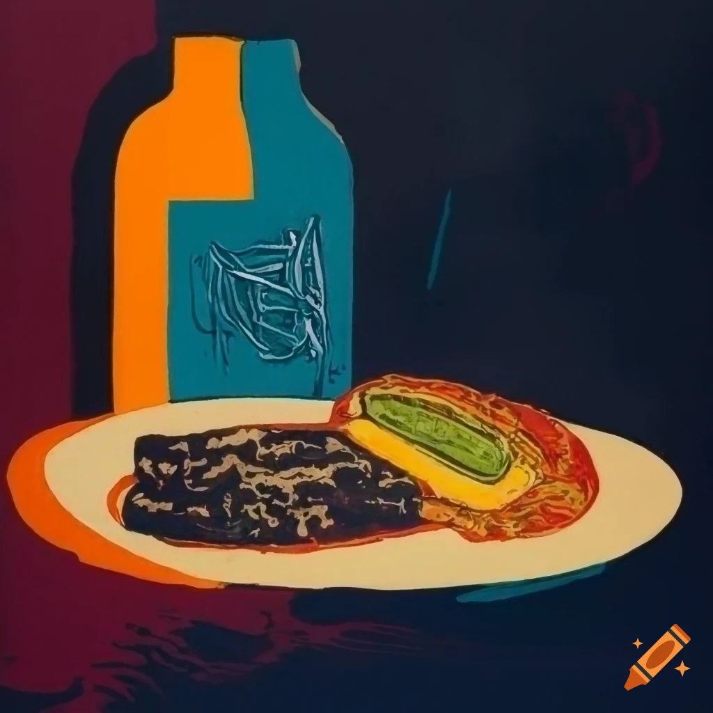 Vibrant linocut artwork of a meal