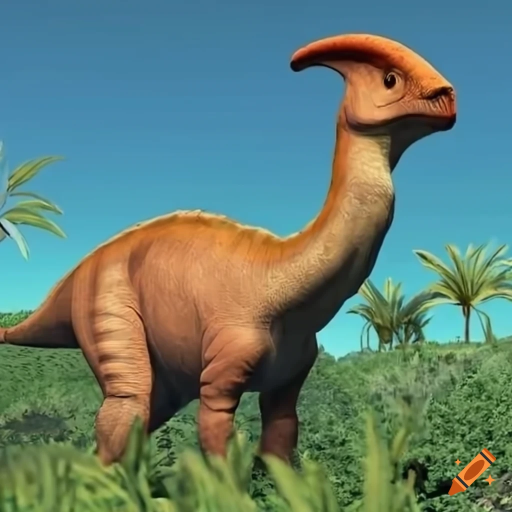 Image of a giant orange parasaurolophus in tall vegetation