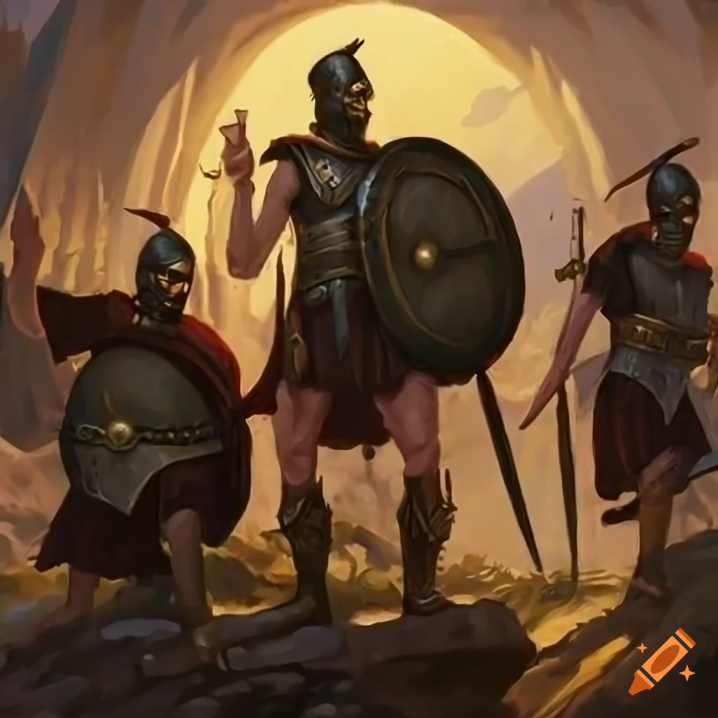 Fantasy art featuring greek soldiers in a mountain pass