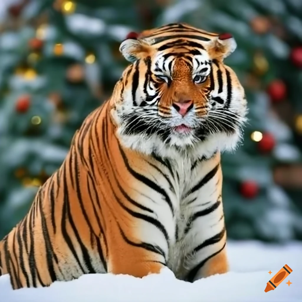 Tiger in snow with christmas tree