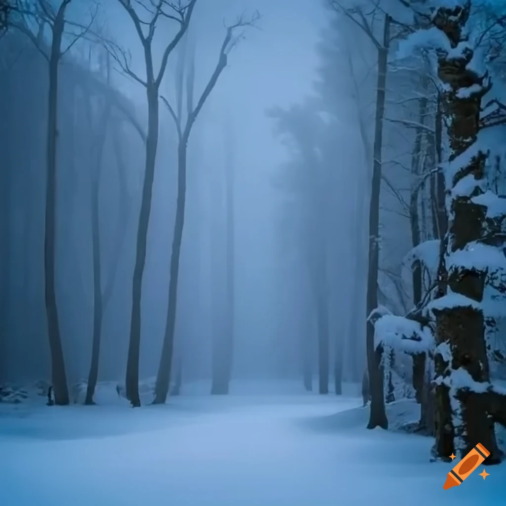Snowy forest with fog and path covered in snow
