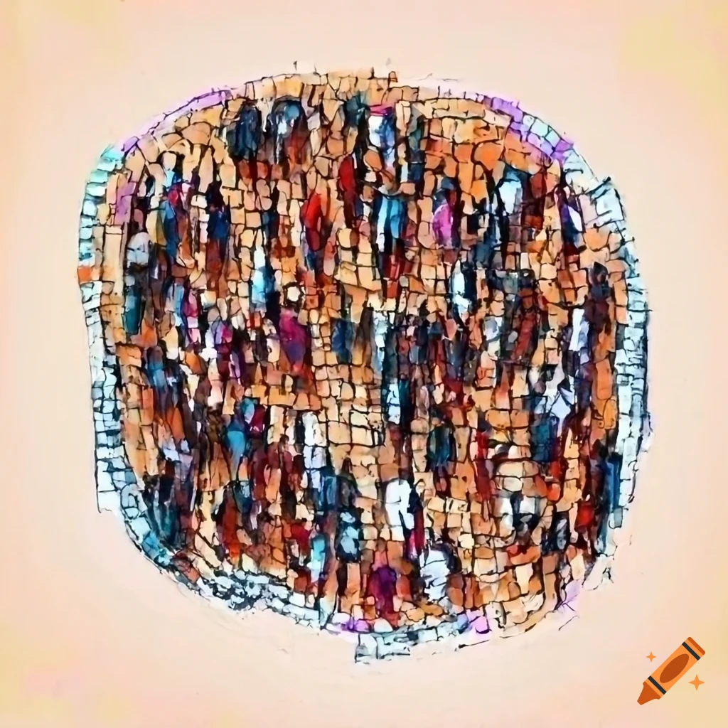 Abstract mosaic painting of people inside a maze on Craiyon