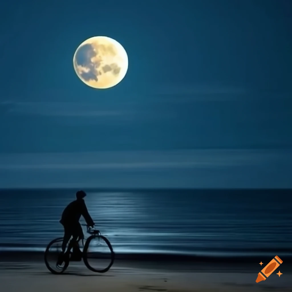 Cyclist on a beach under a starry moonlit night