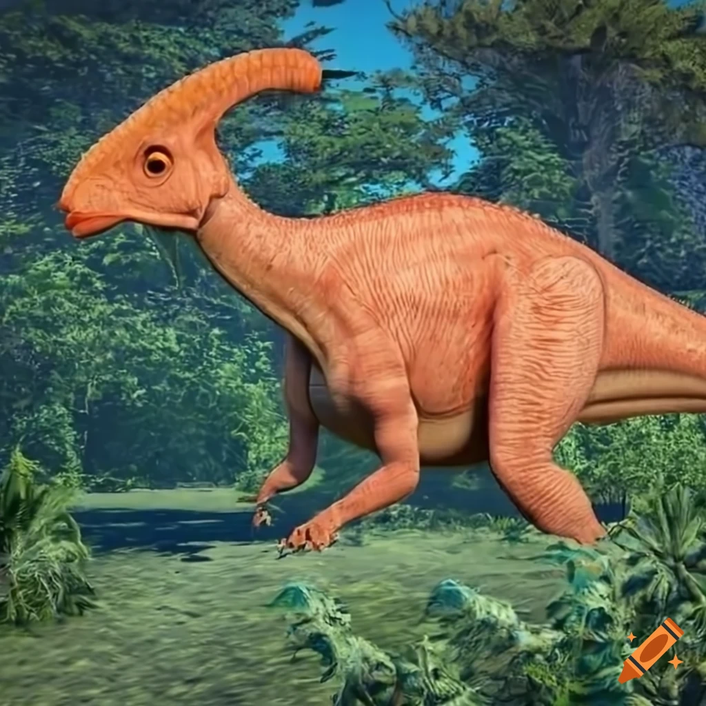 Image of a hidden giant orange parasaurolophus in wild vegetation