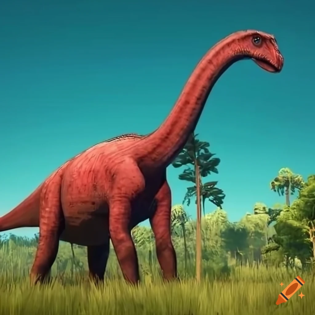 Image of a red brachiosaurus in tall vegetation on Craiyon