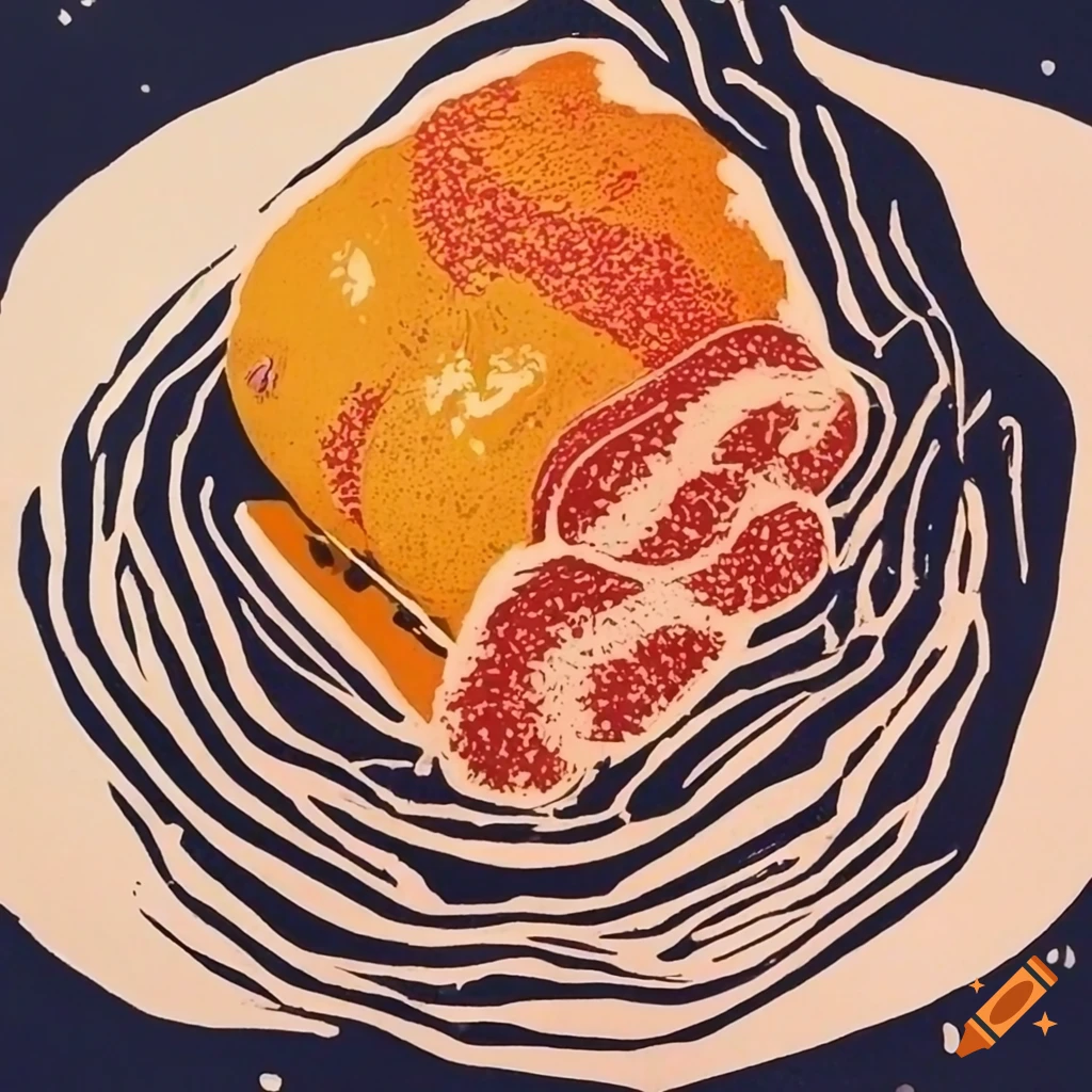 Vibrant linocut image of processed food on Craiyon