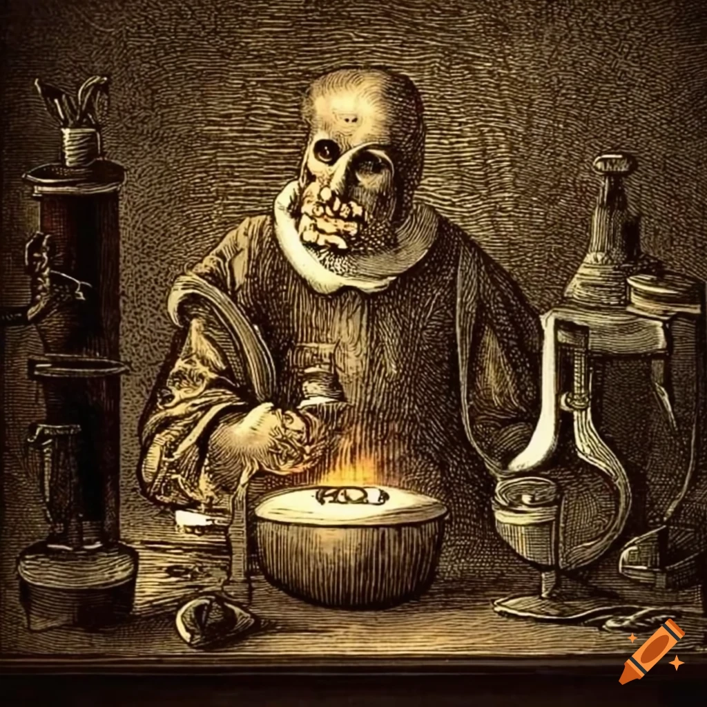 Engraving of an alchemist working in a dark laboratory on Craiyon