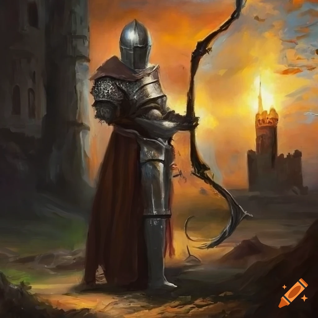 Oil painting of a knight with a longbow near a ruined castle
