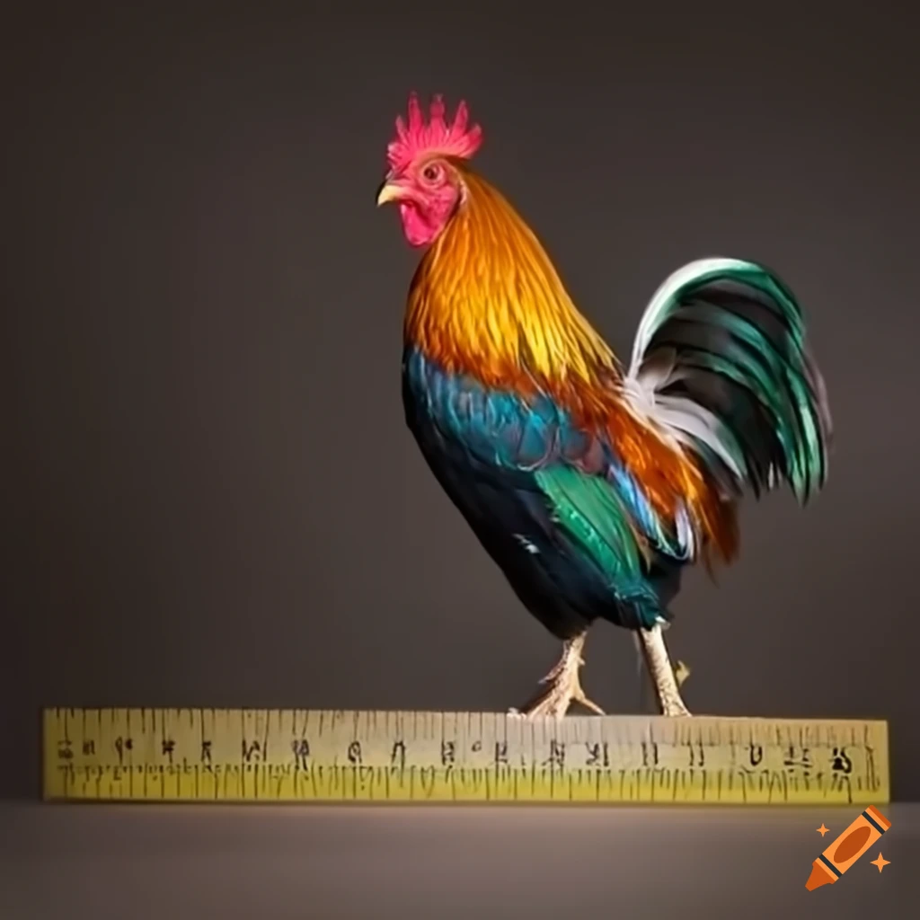 Rooster standing next to a ruler