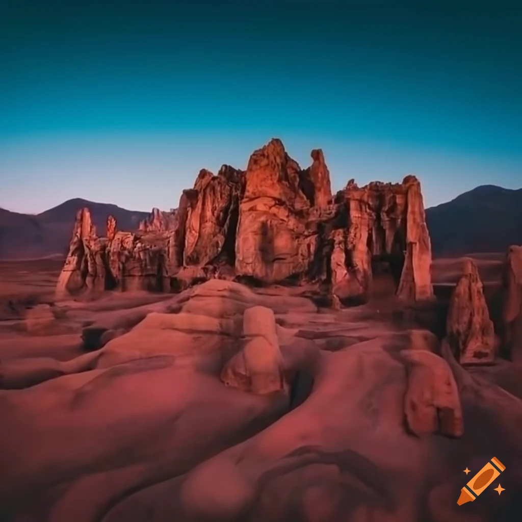 Eerie dark red stony desert with horror statues on Craiyon