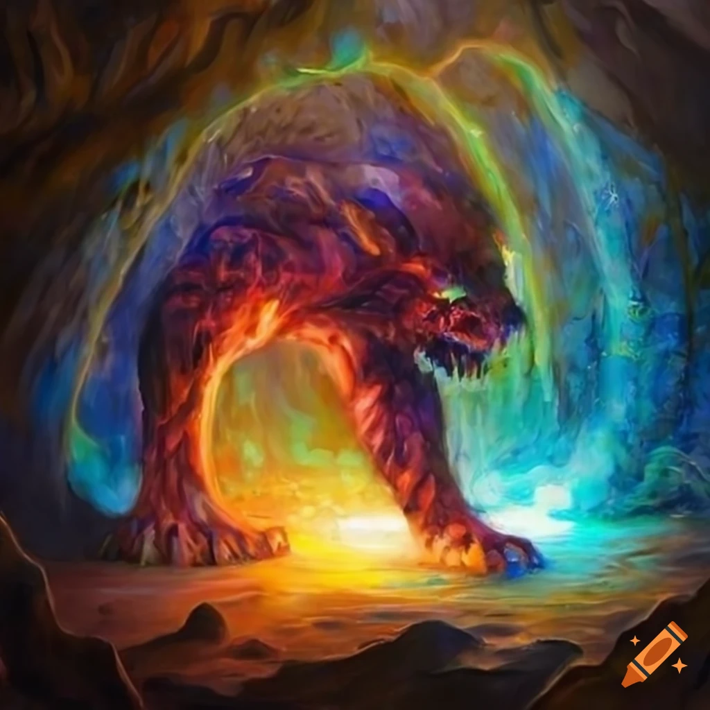 Oil painting of a crystal creature exploring a colorful cave