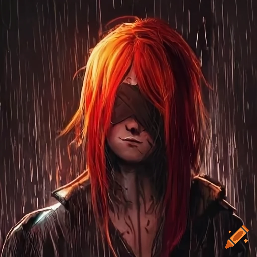 Image of a red-haired ninja on a rainy rooftop