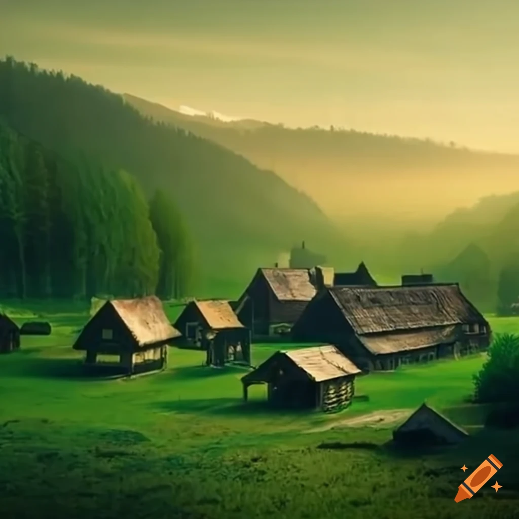 Germanic village with traditional longhouse and small houses