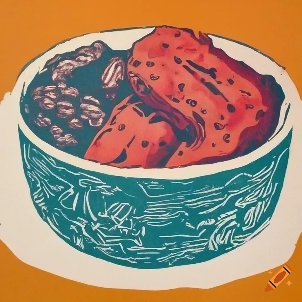 Vibrant linocut of a meal for the forgetful on Craiyon