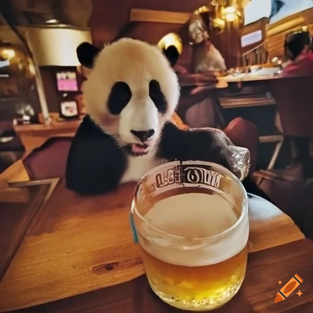 Humorous image of pandas drinking beer in a pub
