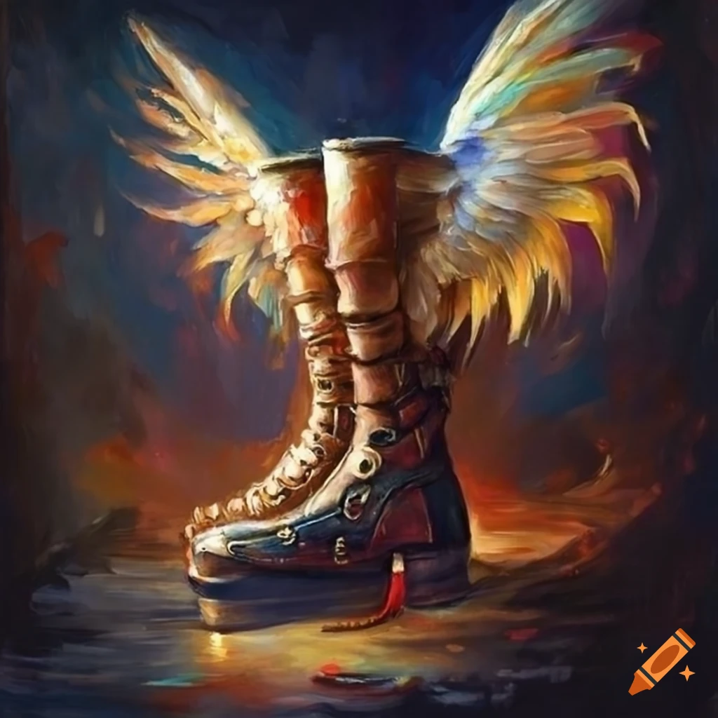 Oil painting of a winged boot