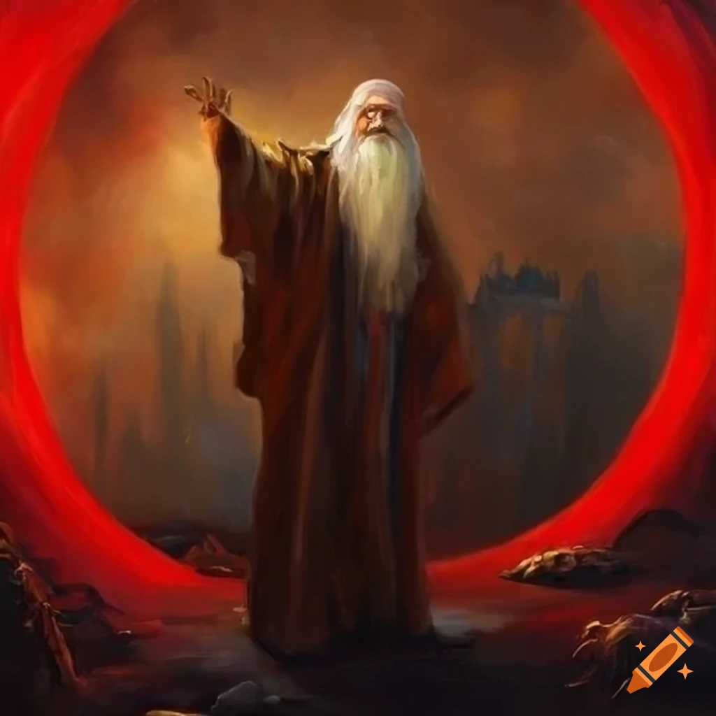 Oil painting of an old wizard in a red circle