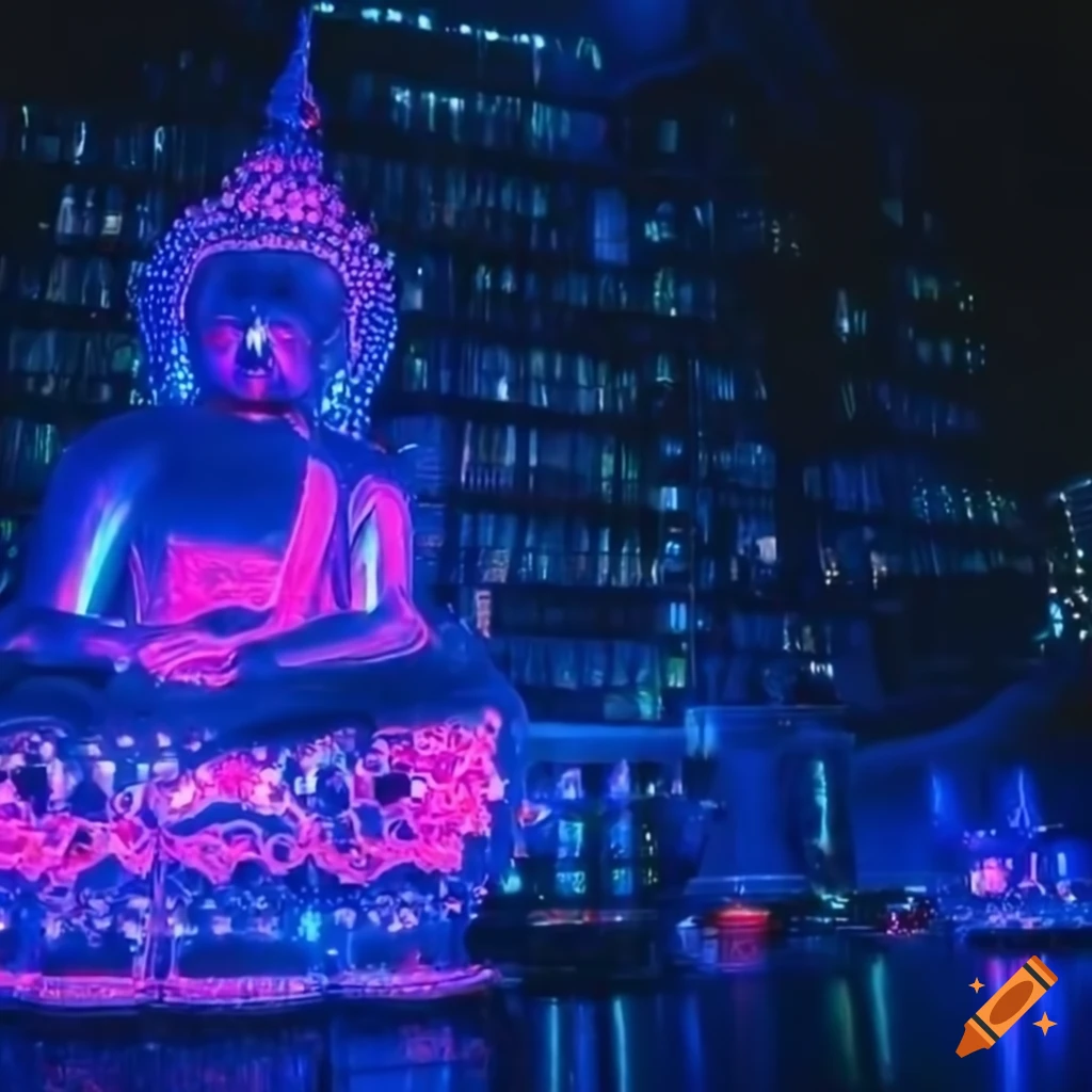 Neon-lit metallic buddha statue in a nightclub