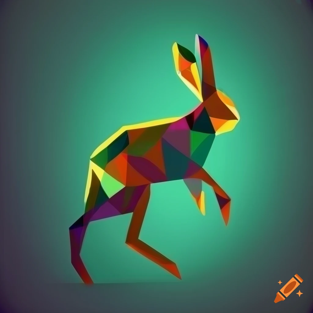 Colorful geometric artwork of a leaping hare