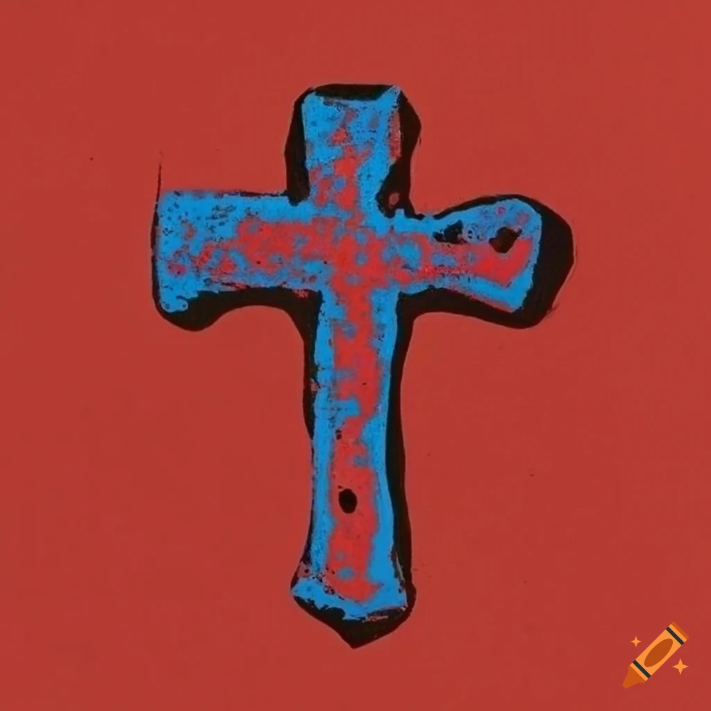 Blood-red linocut of a rusty nail cross on Craiyon
