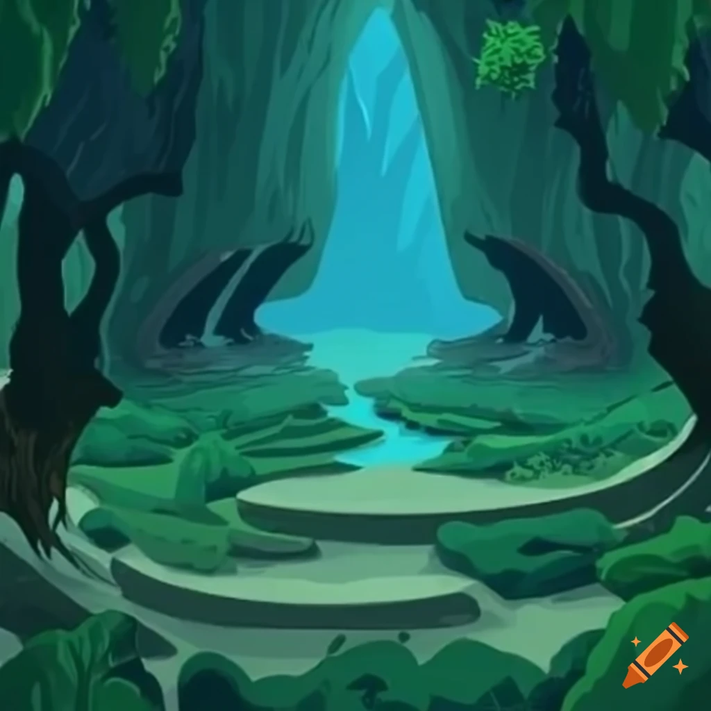 Map of a forest maze with a river and cave