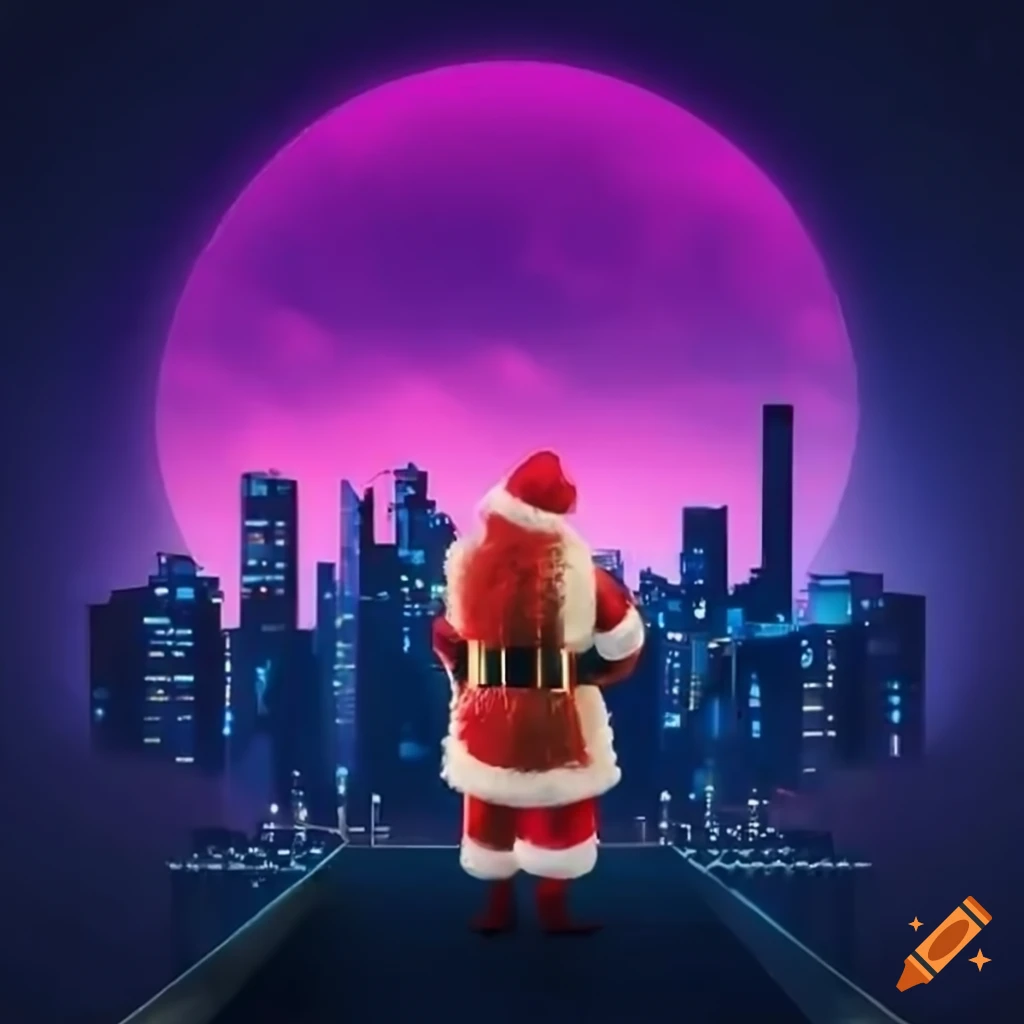 Santa claus overlooking a neon cityscape
