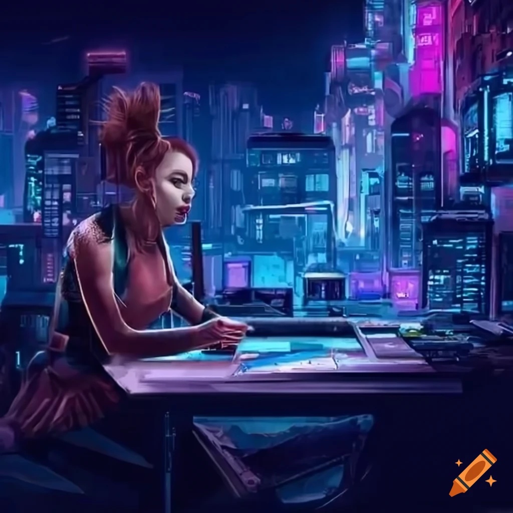 Futuristic designer at computer desk in cyberpunk city