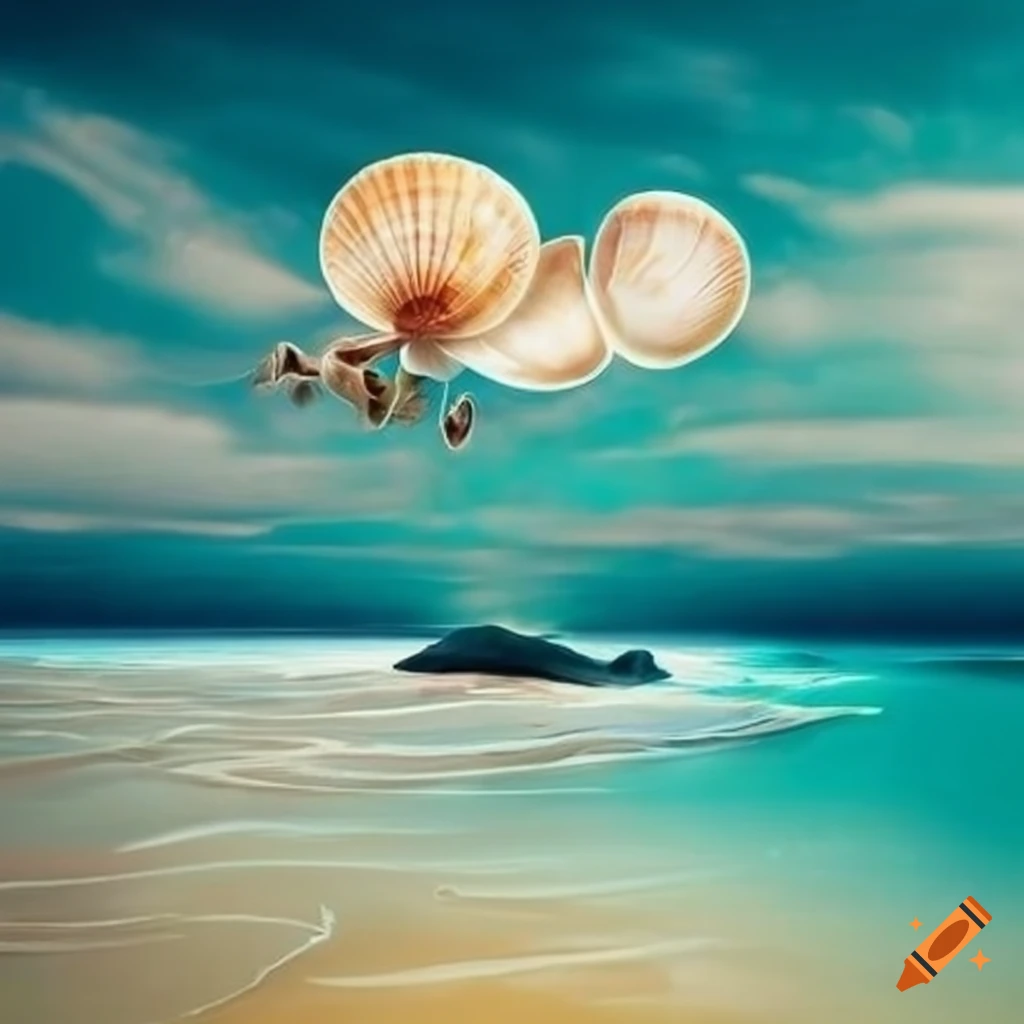 Surrealist beach with crazy seashells, waves crashing, eccentric ...