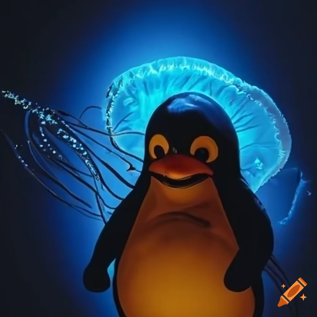 Linux mascot with jellyfish in computer lab on Craiyon