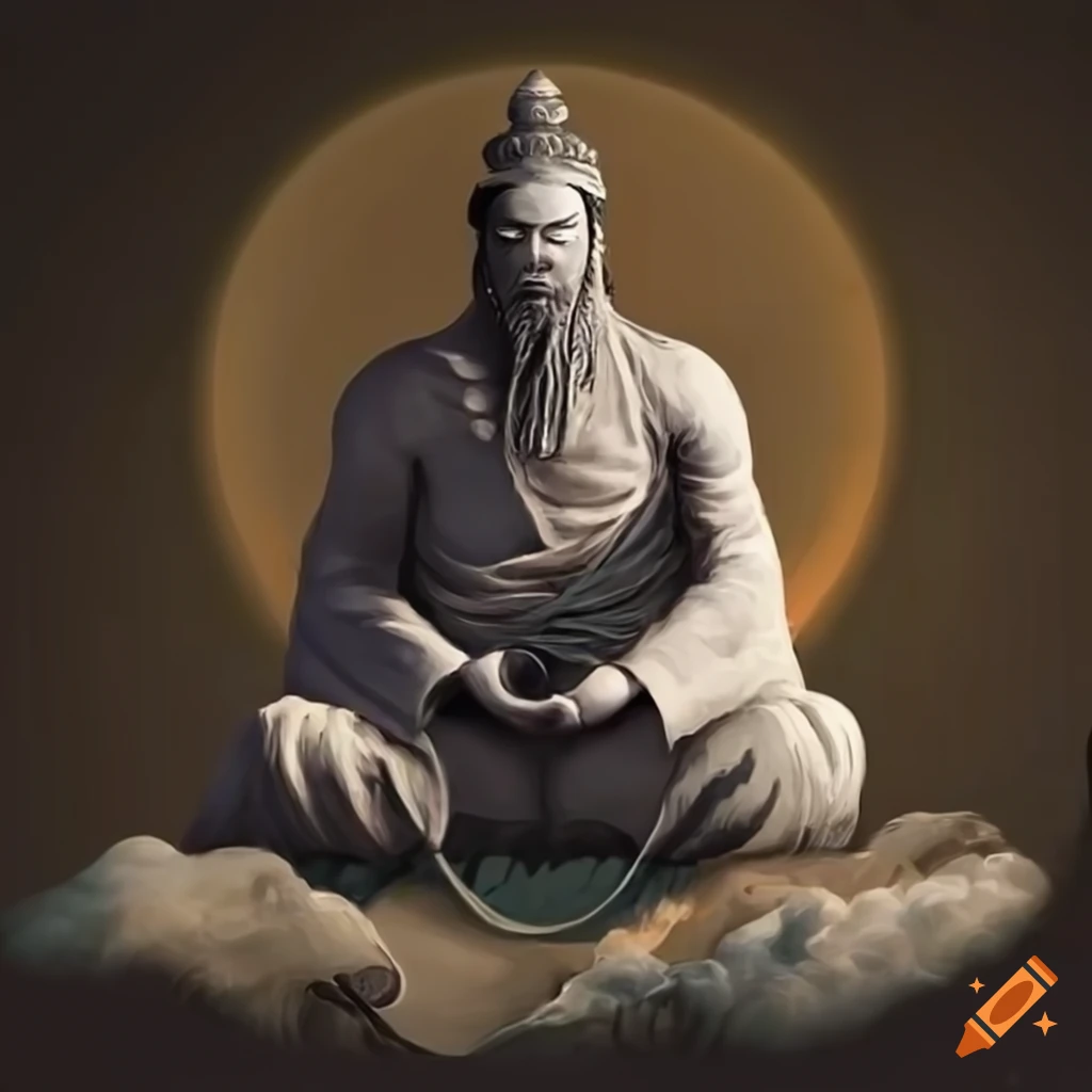 Wudang master meditating on a mountain under a full moon