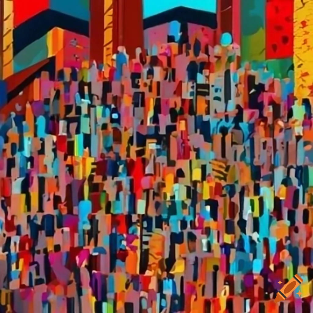 Abstract mosaic painting of people in a maze