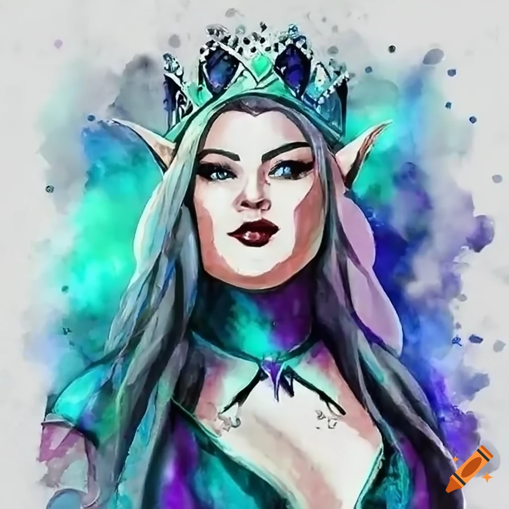 Greyscale art of a plus-sized high elf sorceress queen on Craiyon