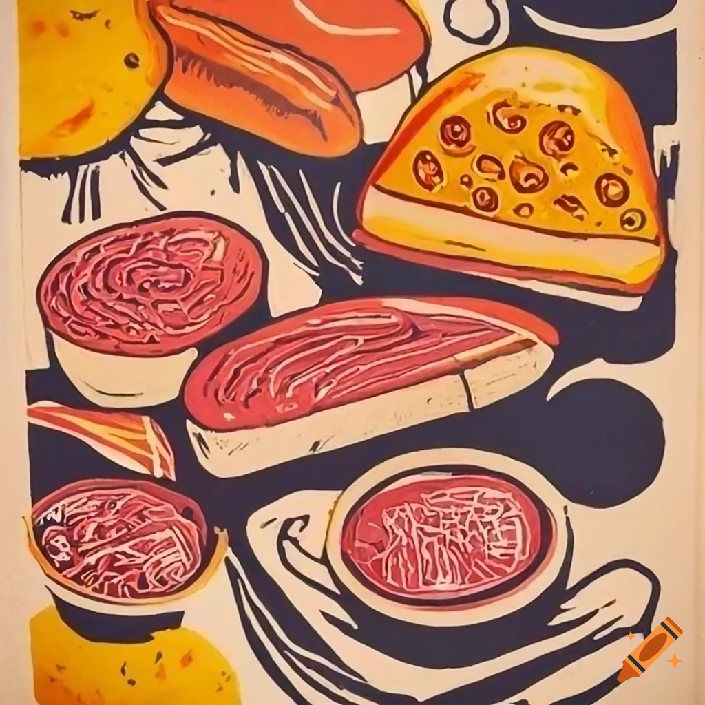 Vibrant linocut print of a meal for forgetful people on Craiyon