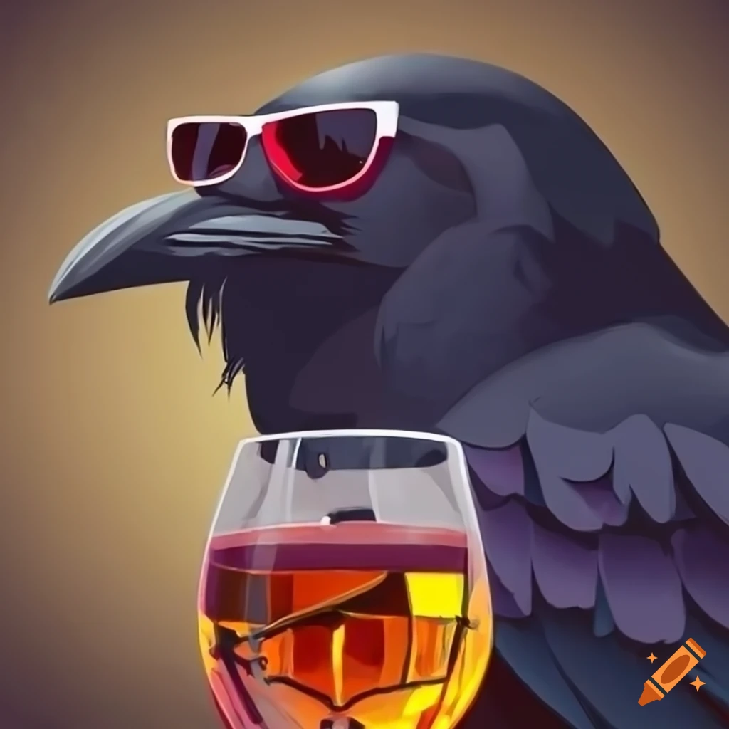 Humorous image of a crow wearing sunglasses and drinking whiskey