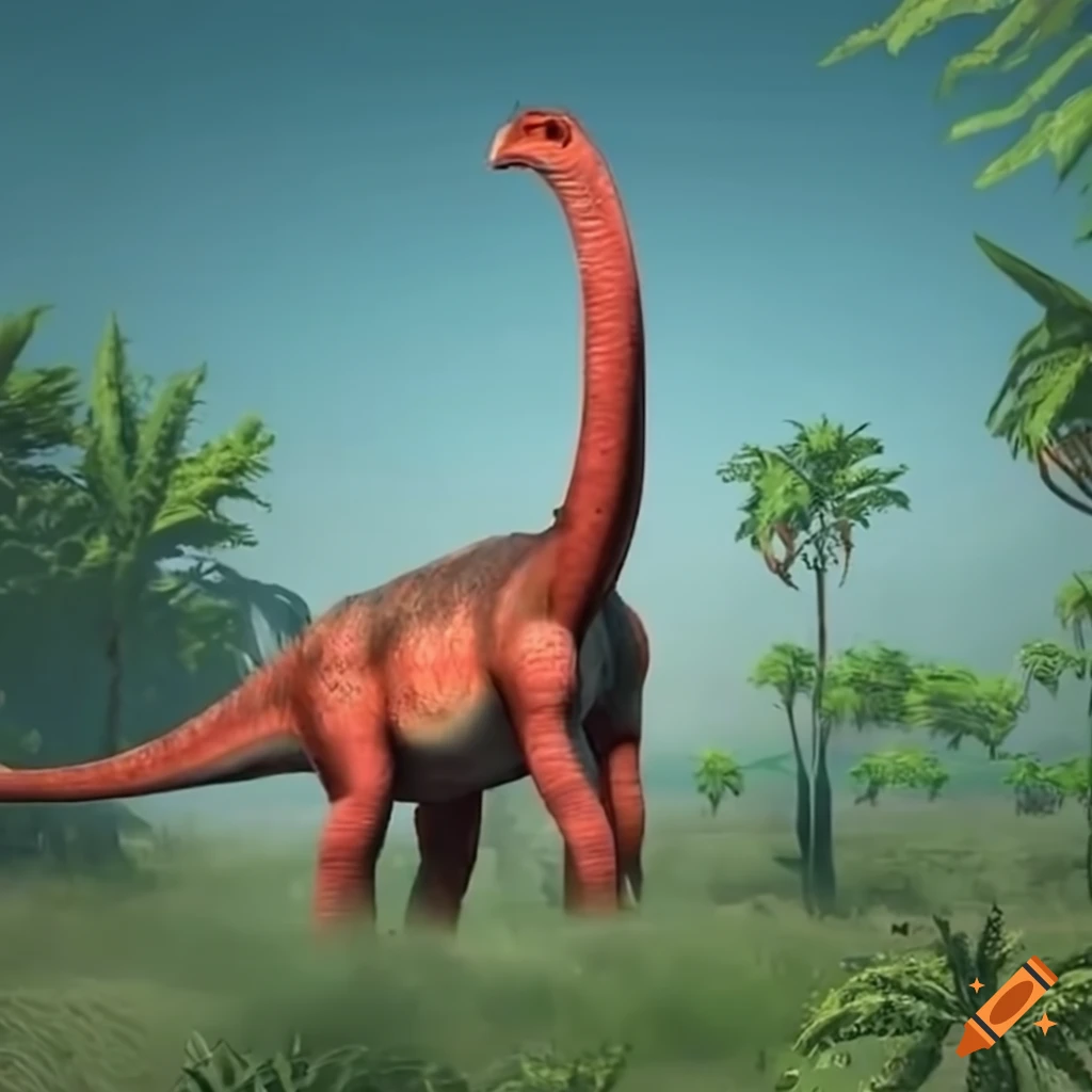 Image of a red brachiosaurus in tall vegetation on Craiyon