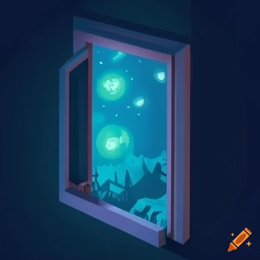 Isometric view of a tall hanging wall in foggy void on Craiyon