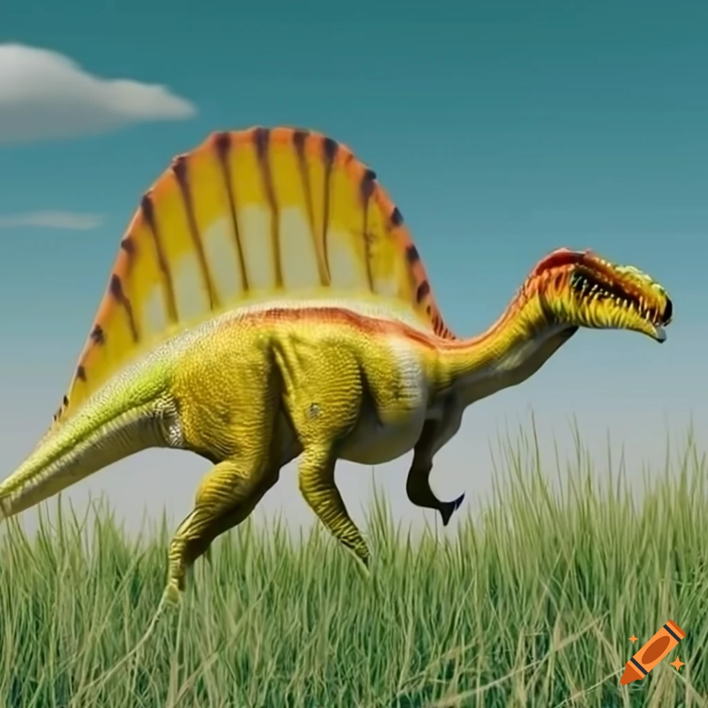 Image of a yellow spinosaurus in tall grass