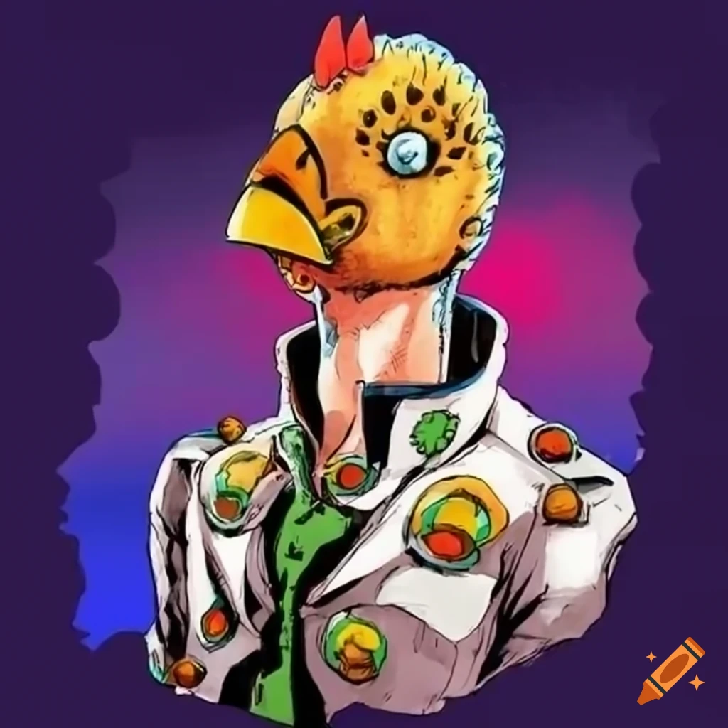 Cosplay of chicken in a Jojo's anime costume on Craiyon