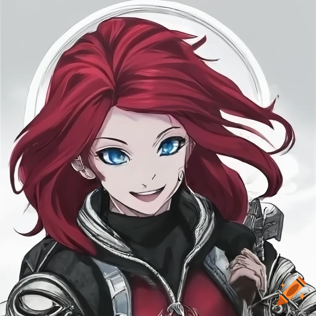 Manga-style female rogue with long red hair and piercing blue eyes