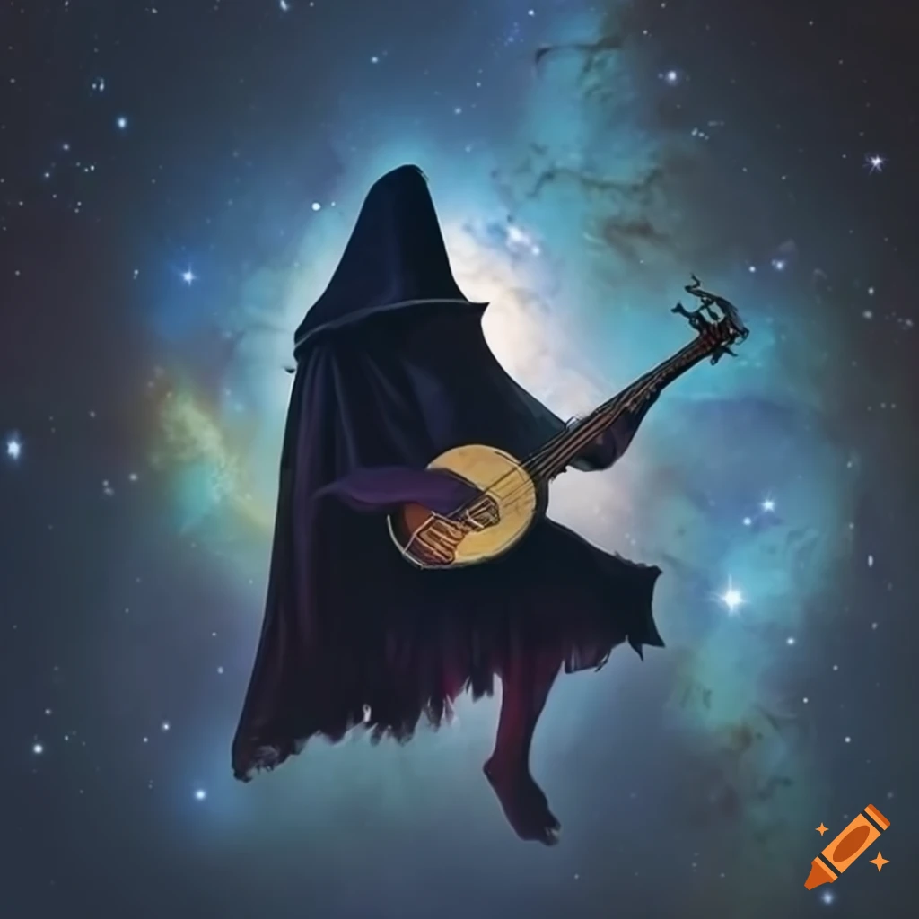 Levitating figure with a banjo in a galaxy on Craiyon