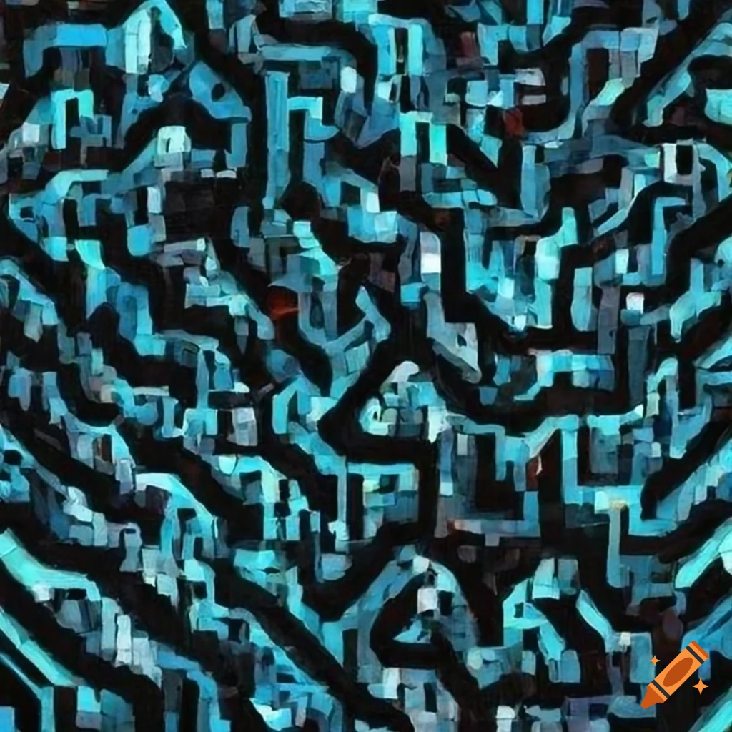 Abstract mosaic painting of people in a maze