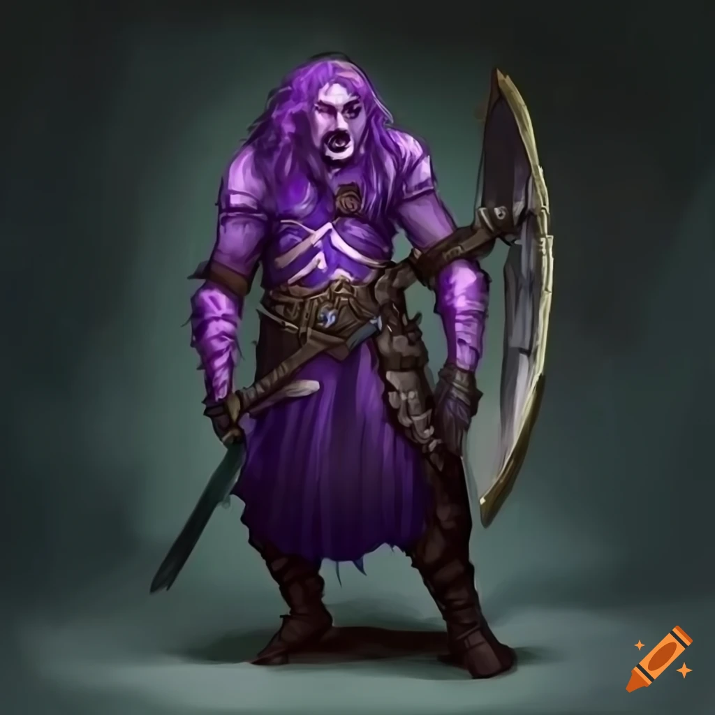 Artwork of a purple-skinned dnd character with tower shield