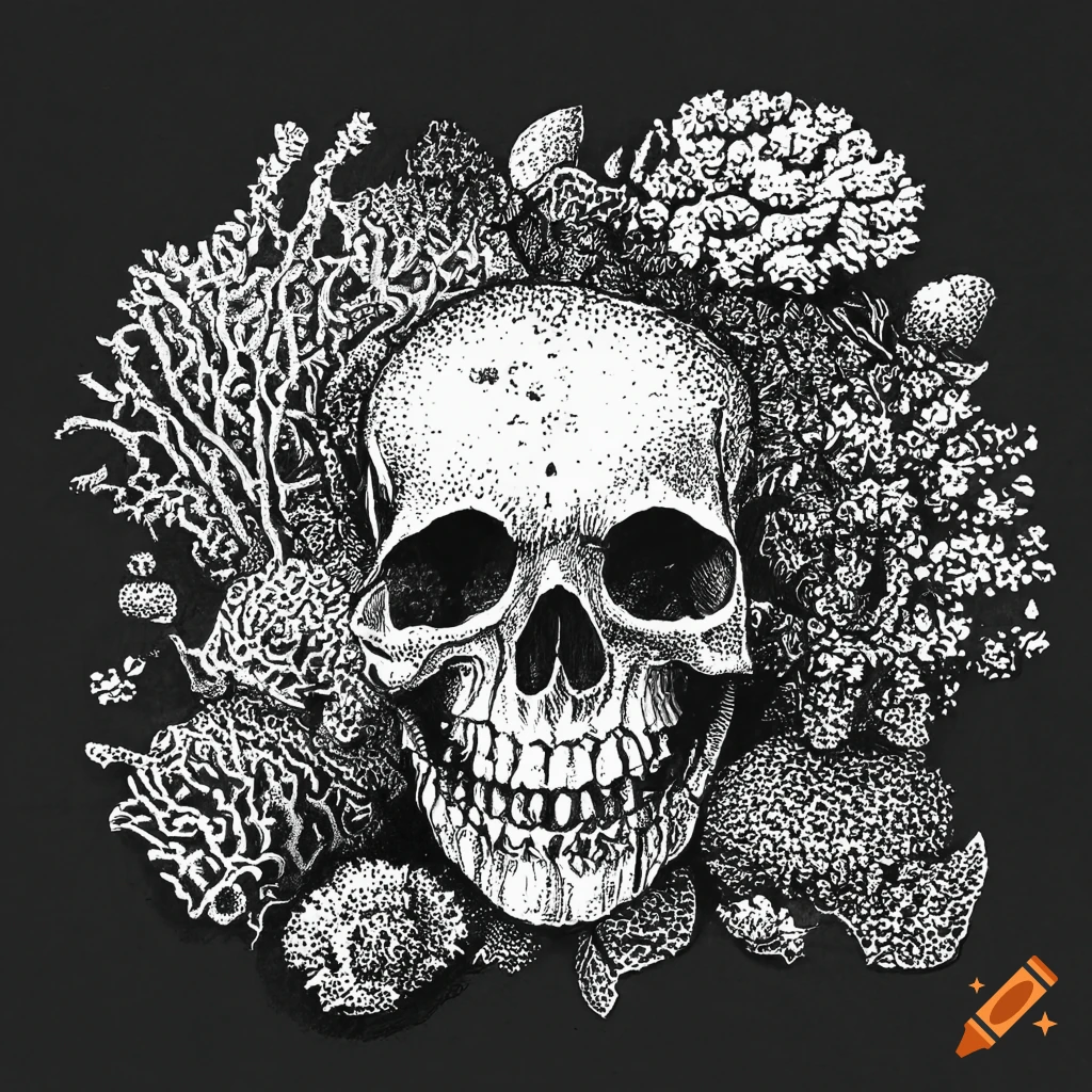 Pen and ink illustration of hydralisk skulls with corals on Craiyon