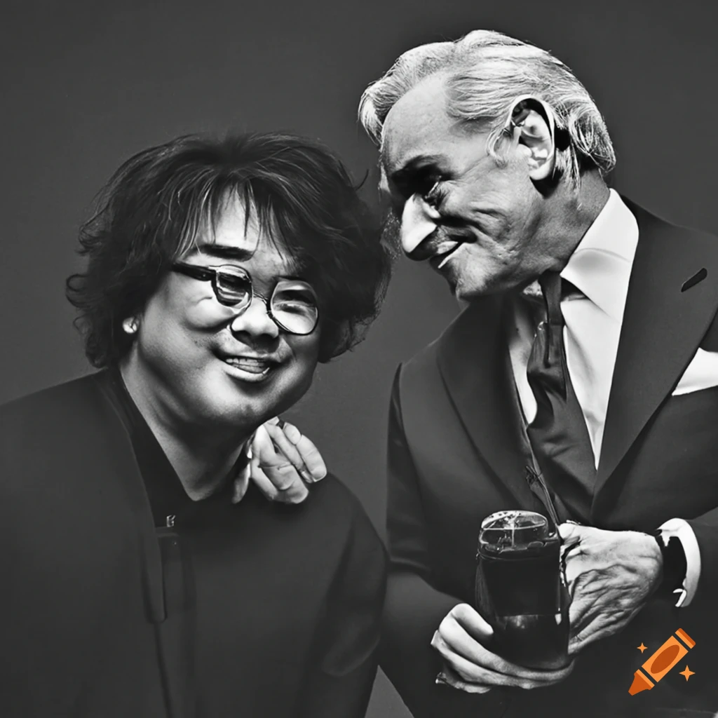 Black and white photo of bong joon ho and martin scorsese smiling