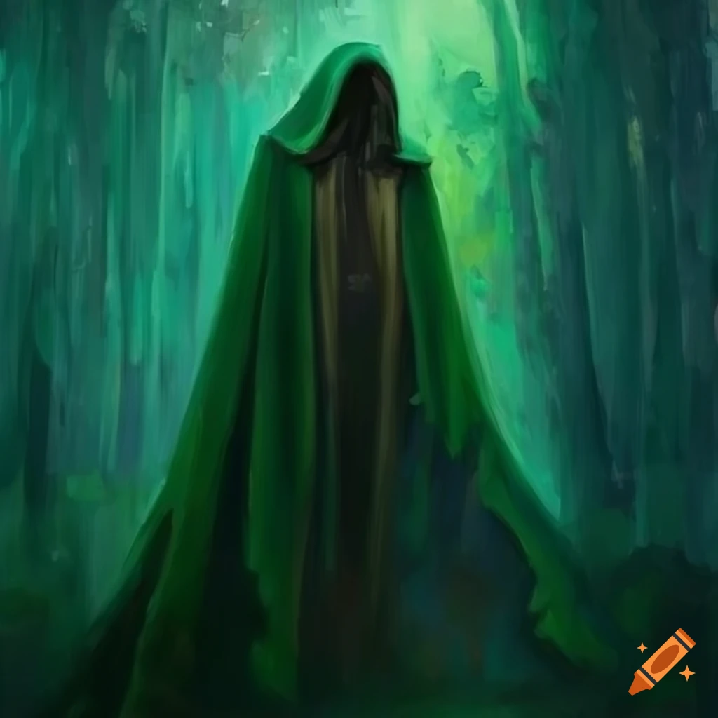 Side view of a person wearing a green cloak in an oil painting
