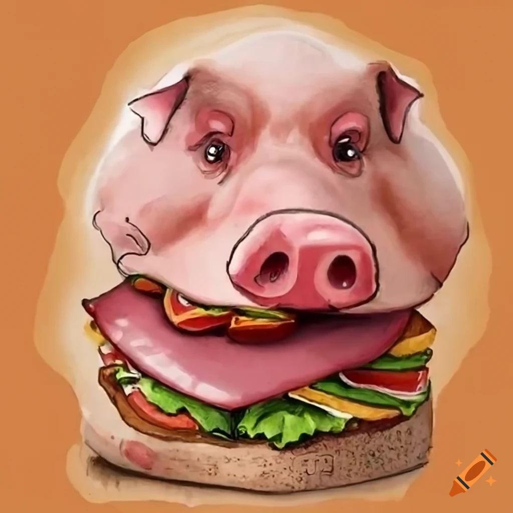 Funny illustration of a pig man eating a sandwich