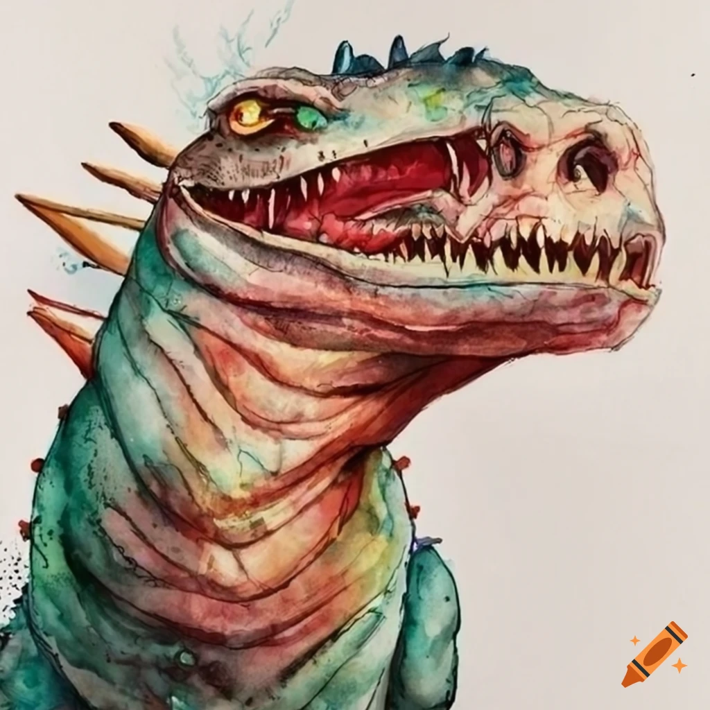 Watercolor painting of a powerful reptilian monster queen